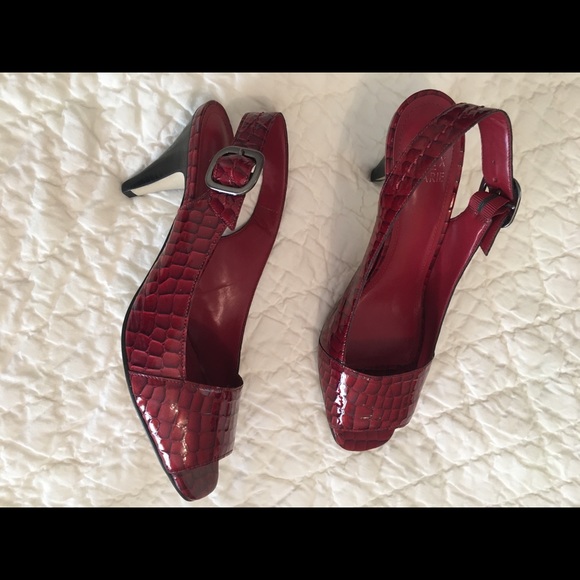 Alex Marie | Shoes | Ruby Red Embossed Leather Peeptoe Slingback Heels ...